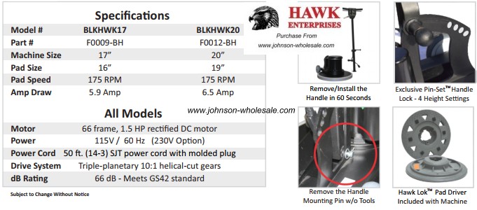 Hawk Blackhawk Buffer 17 or 20 inch BLKHW17 or BLKHWK20 click: Johnson ...